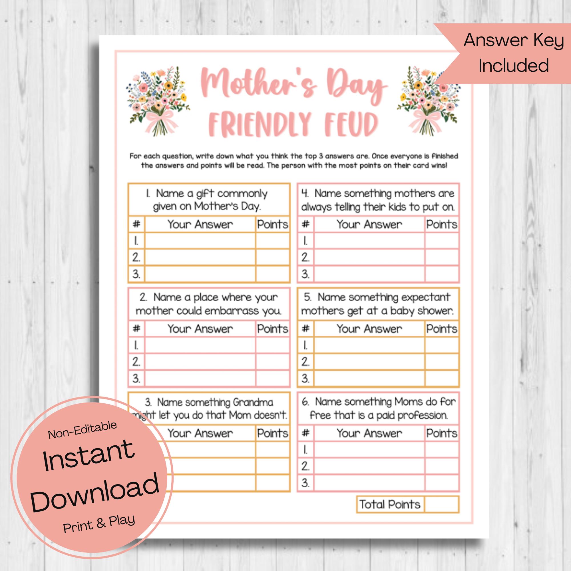 INSTANT DOWNLOAD Mother's Day Friendly Feud Game Printable - Mother's ...
