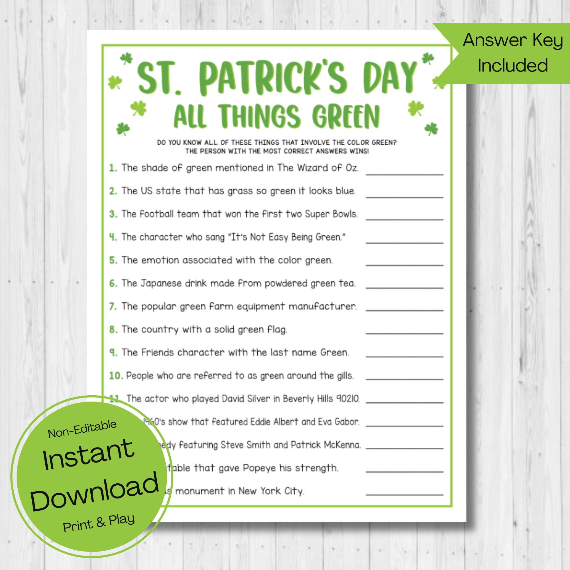 INSTANT DOWNLOAD St Patrick's Day Trivia Game Printable - St Paddy's ...