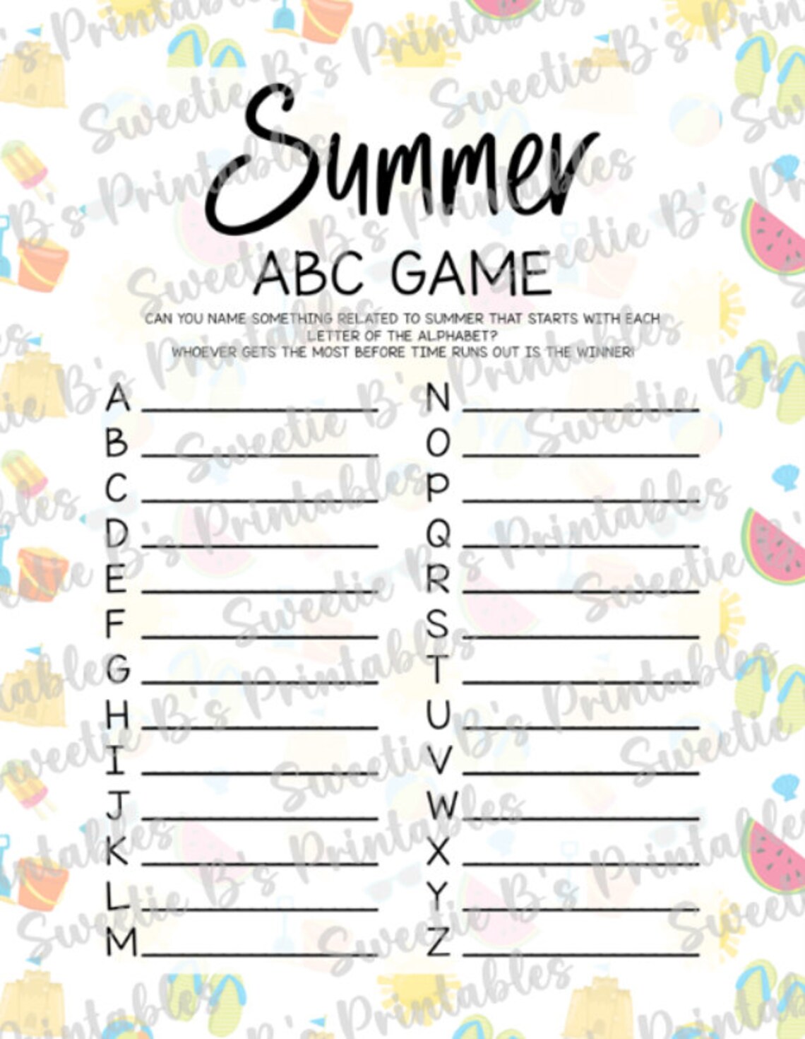 INSTANT DOWNLOAD Summer ABC Game Printable - Summer Game Printable ...