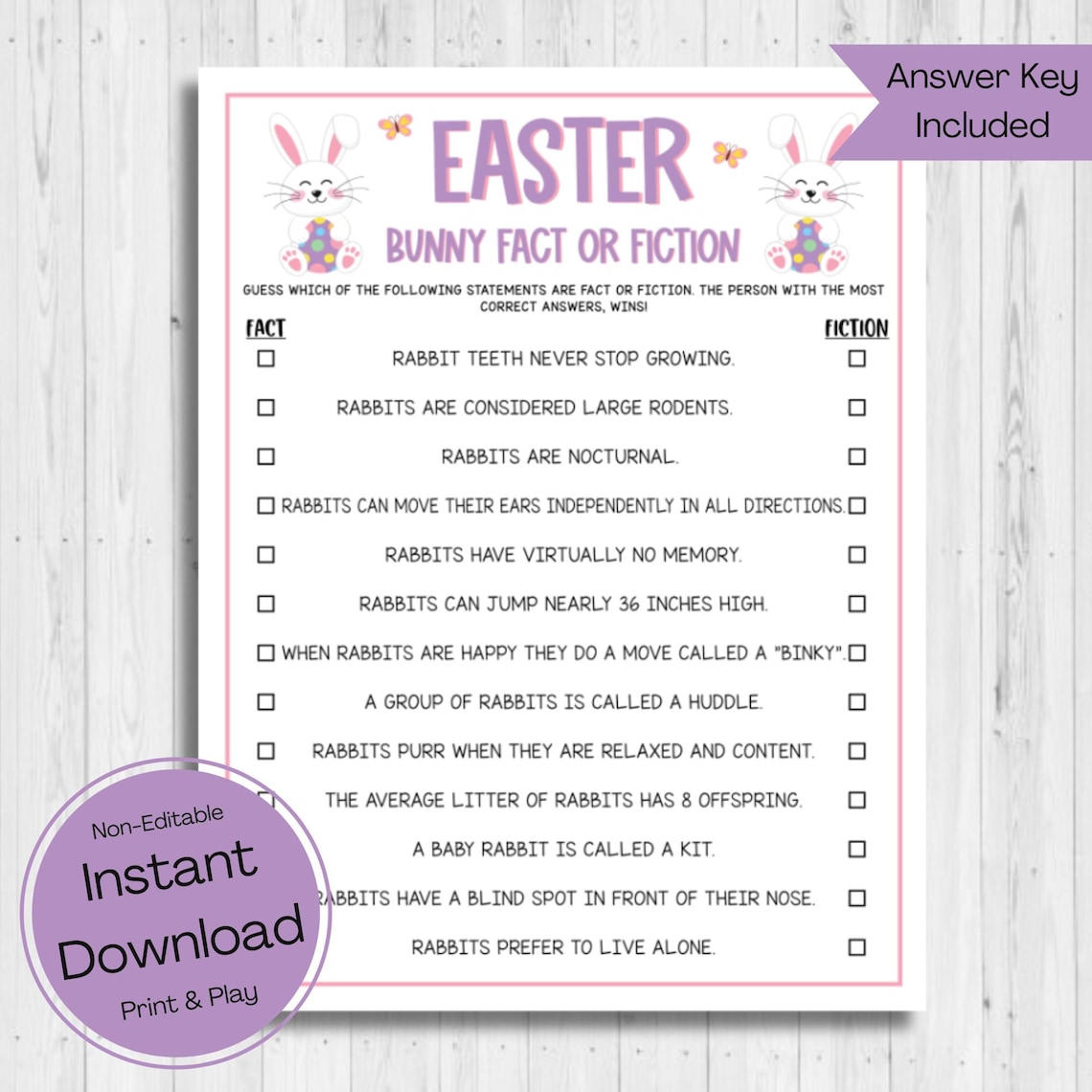 INSTANT DOWNLOAD Easter Bunny Trivia Game Printable - Easter Game Print ...