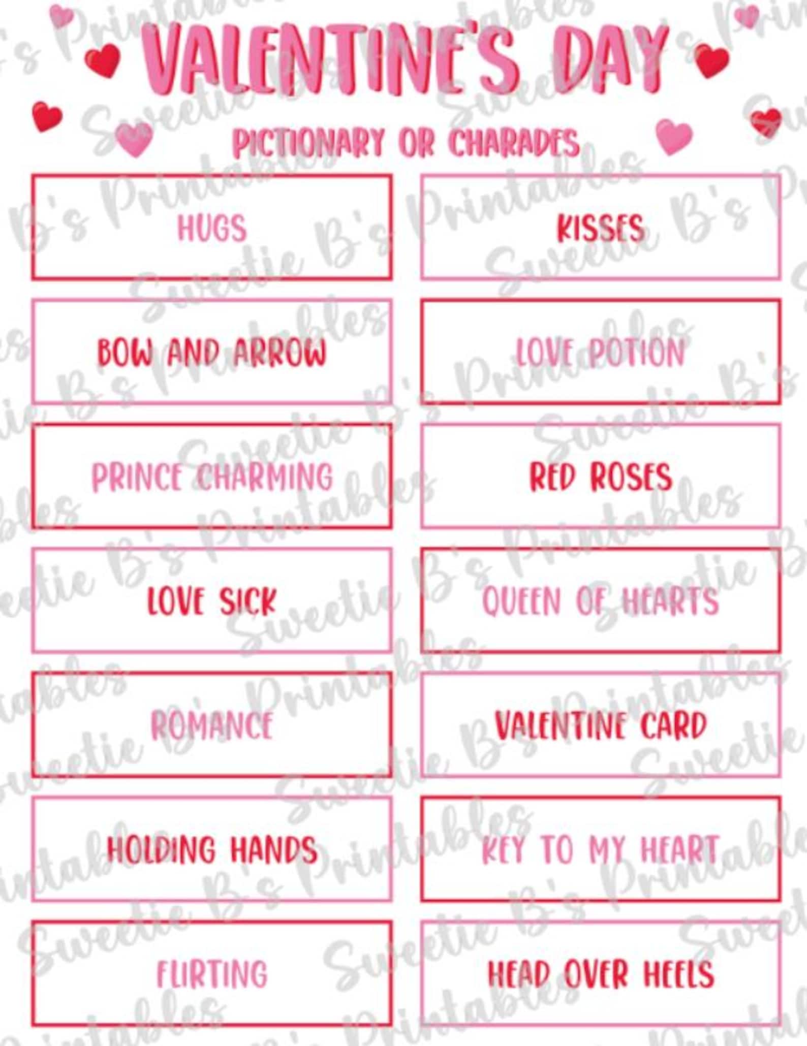 INSTANT DOWNLOAD Valentine's Day Pictionary or Charades Printable ...
