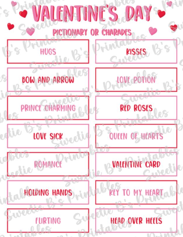 INSTANT DOWNLOAD Valentine's Day Pictionary or Charades Printable ...