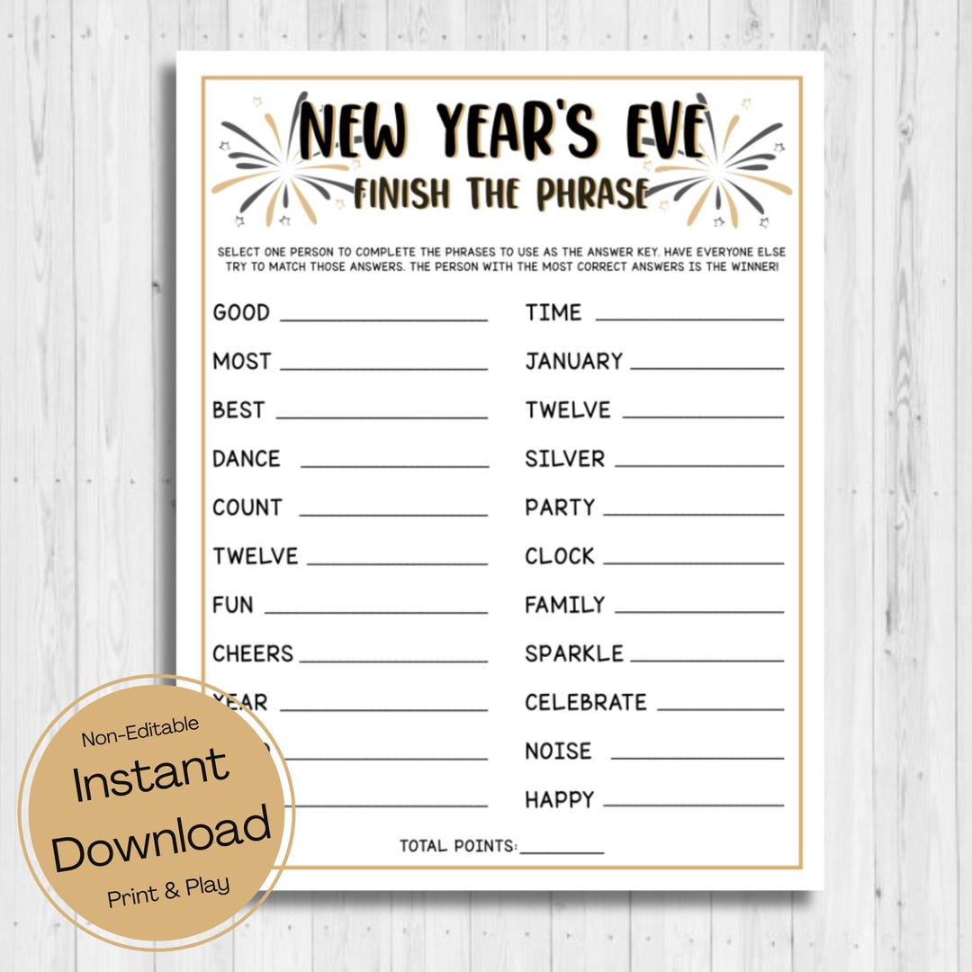 INSTANT DOWNLOAD New Year Finish the Phrase Printable - New Year's Eve ...