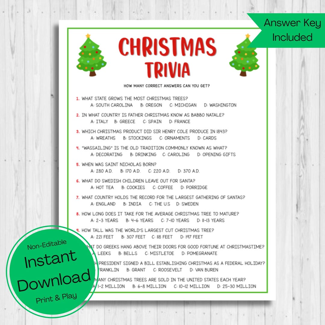 INSTANT DOWNLOAD Christmas Trivia Game Printable - Holiday Game ...