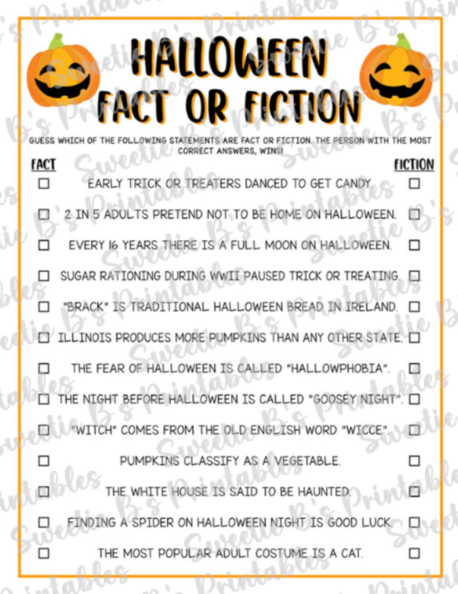 INSTANT DOWNLOAD Halloween Fact or Fiction Game Printable - Autumn Game ...
