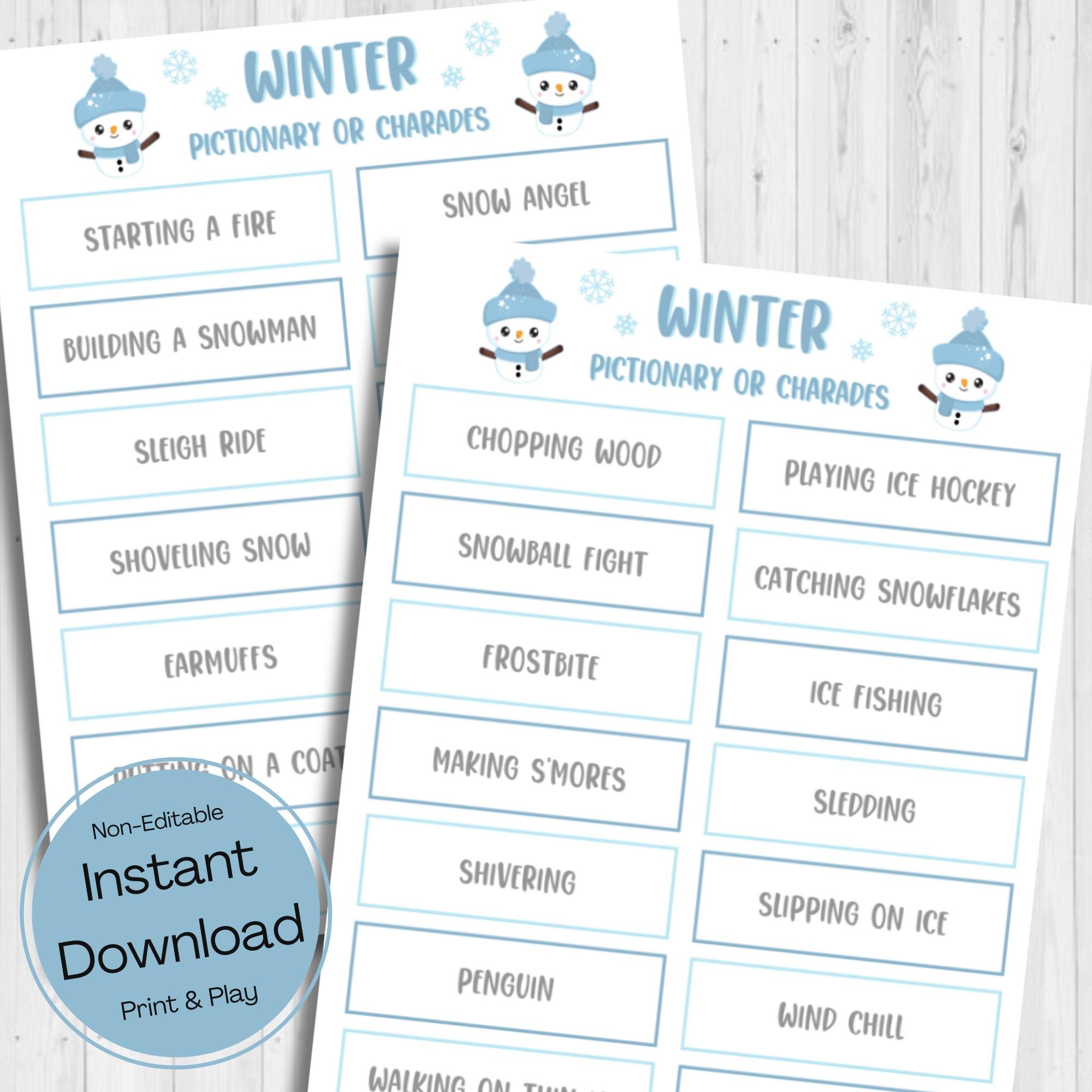 INSTANT DOWNLOAD Winter Pictionary or Charades Printable - Holiday Game ...
