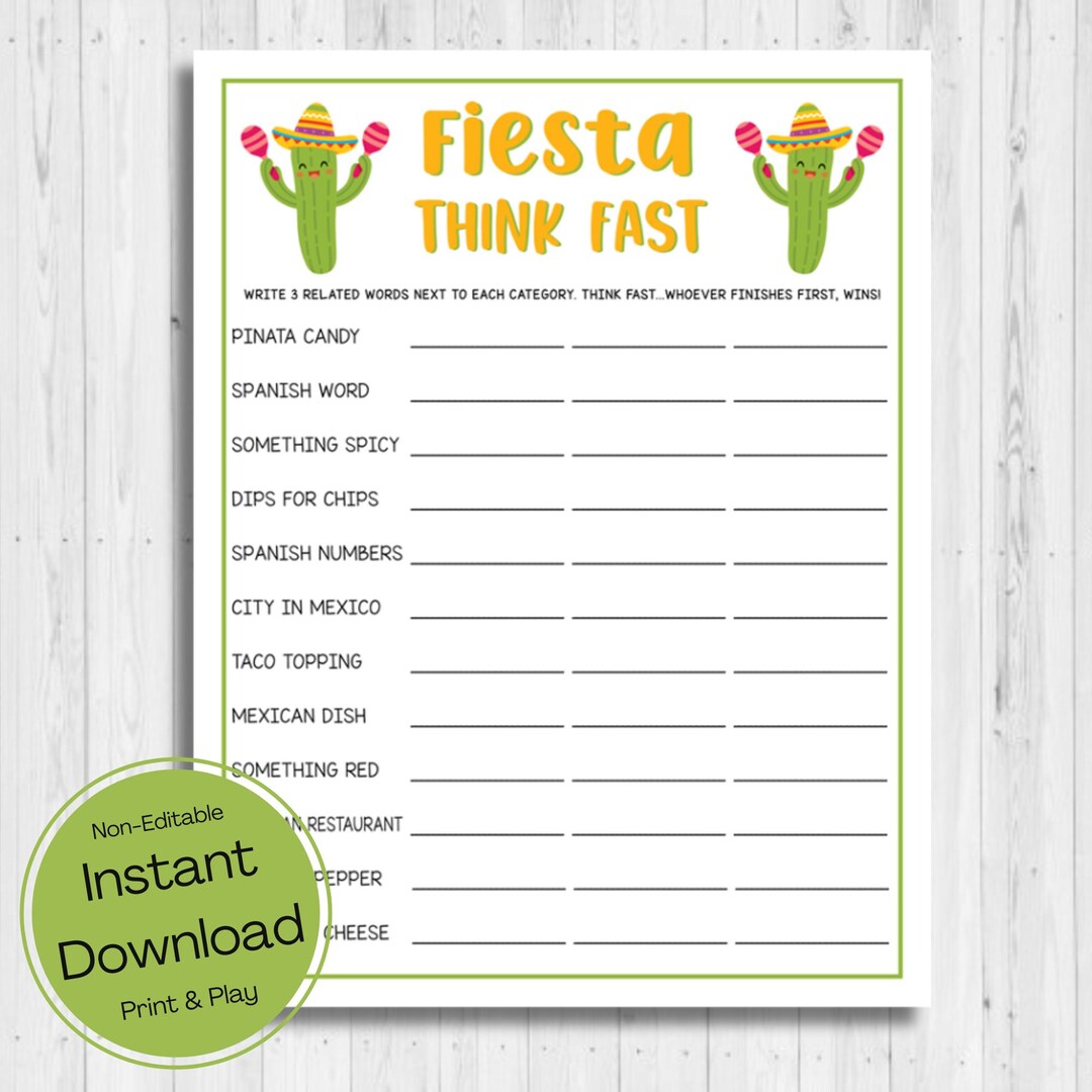INSTANT DOWNLOAD Fiesta Think Fast Game Printable - Fiesta Game ...