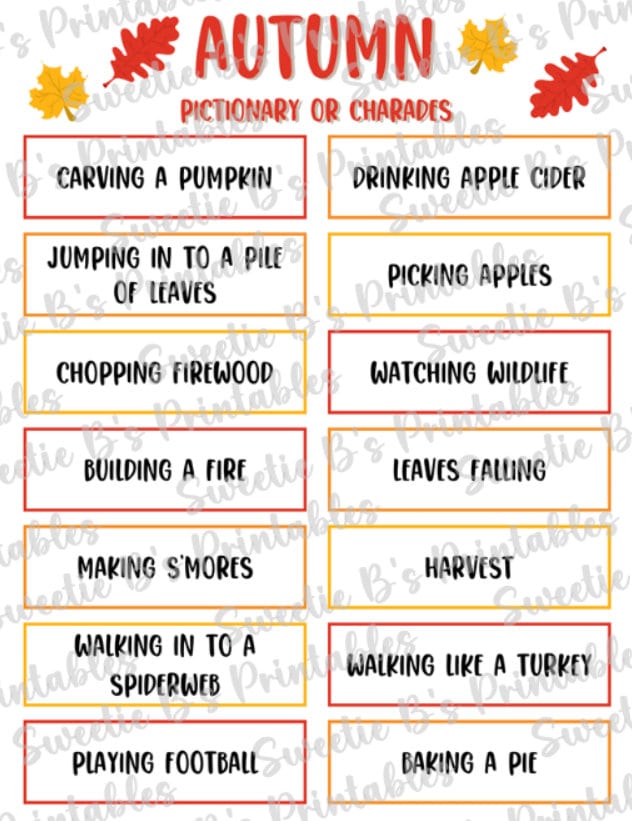 INSTANT DOWNLOAD Autumn Pictionary or Charades Printable - Autumn Game ...
