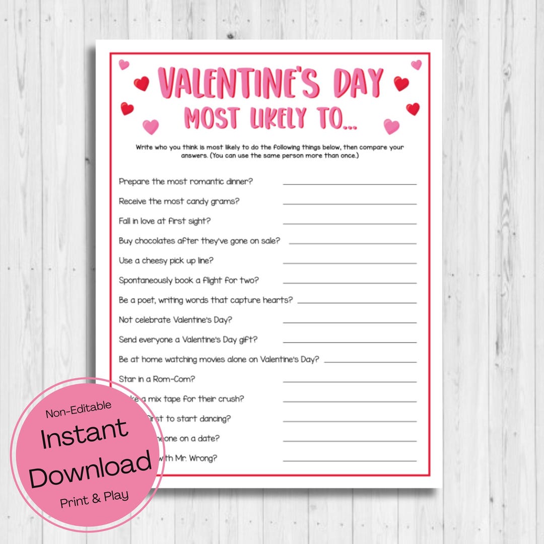 INSTANT DOWNLOAD Valentine's Day Most Likely to Printable - Valentine ...