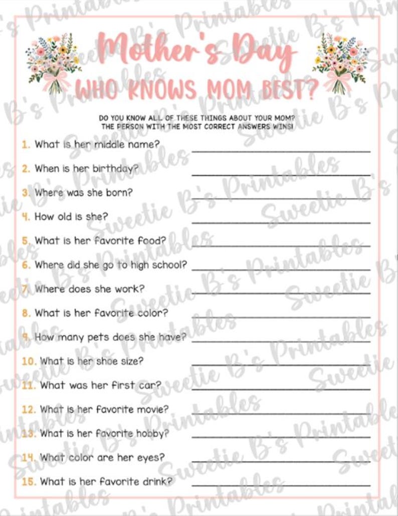INSTANT DOWNLOAD Mother's Day Trivia Game Printable - Mother's Day ...