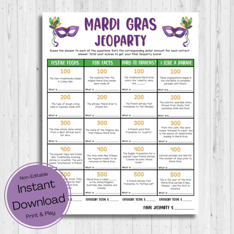 INSTANT DOWNLOAD Mardi Gras Jeoparty Game Printable - Holiday Game ...