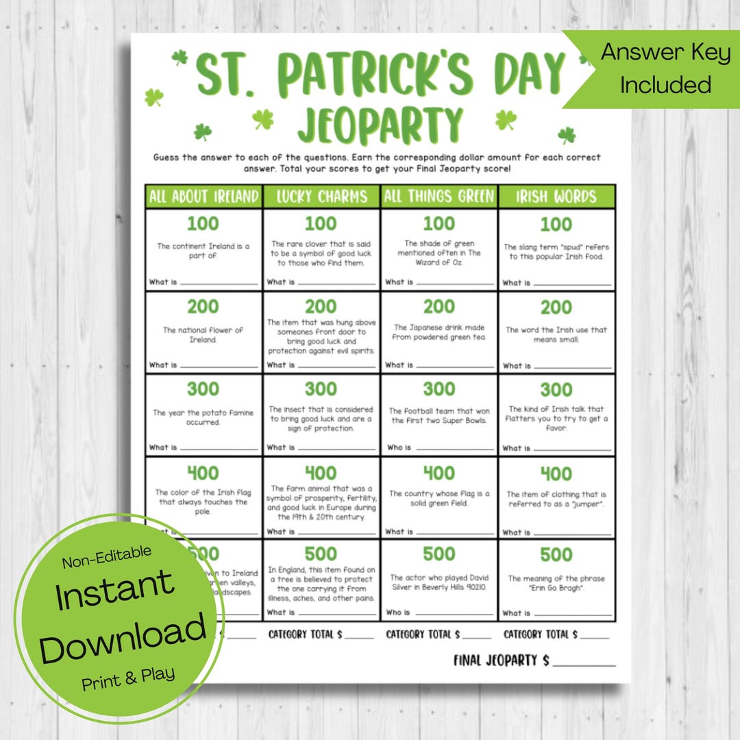 INSTANT DOWNLOAD St Patrick's Jeoparty Game Printable - St Paddy's Day ...