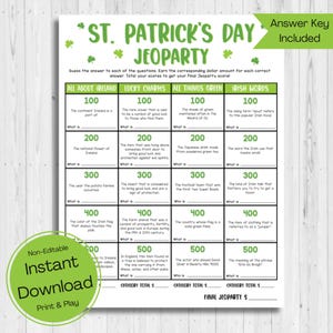INSTANT DOWNLOAD St Patrick's Jeoparty Game Printable - St Paddy's Day ...