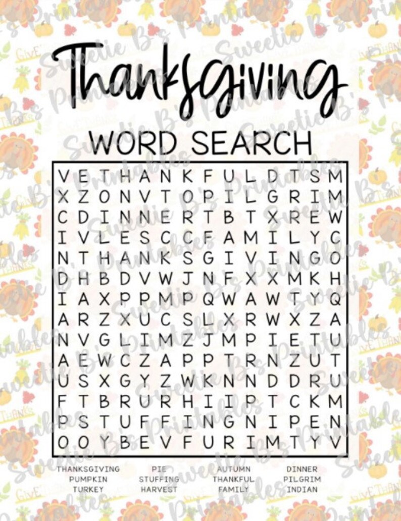 INSTANT DOWNLOAD Thanksgiving Word Search Printable Thanksgiving Game ...