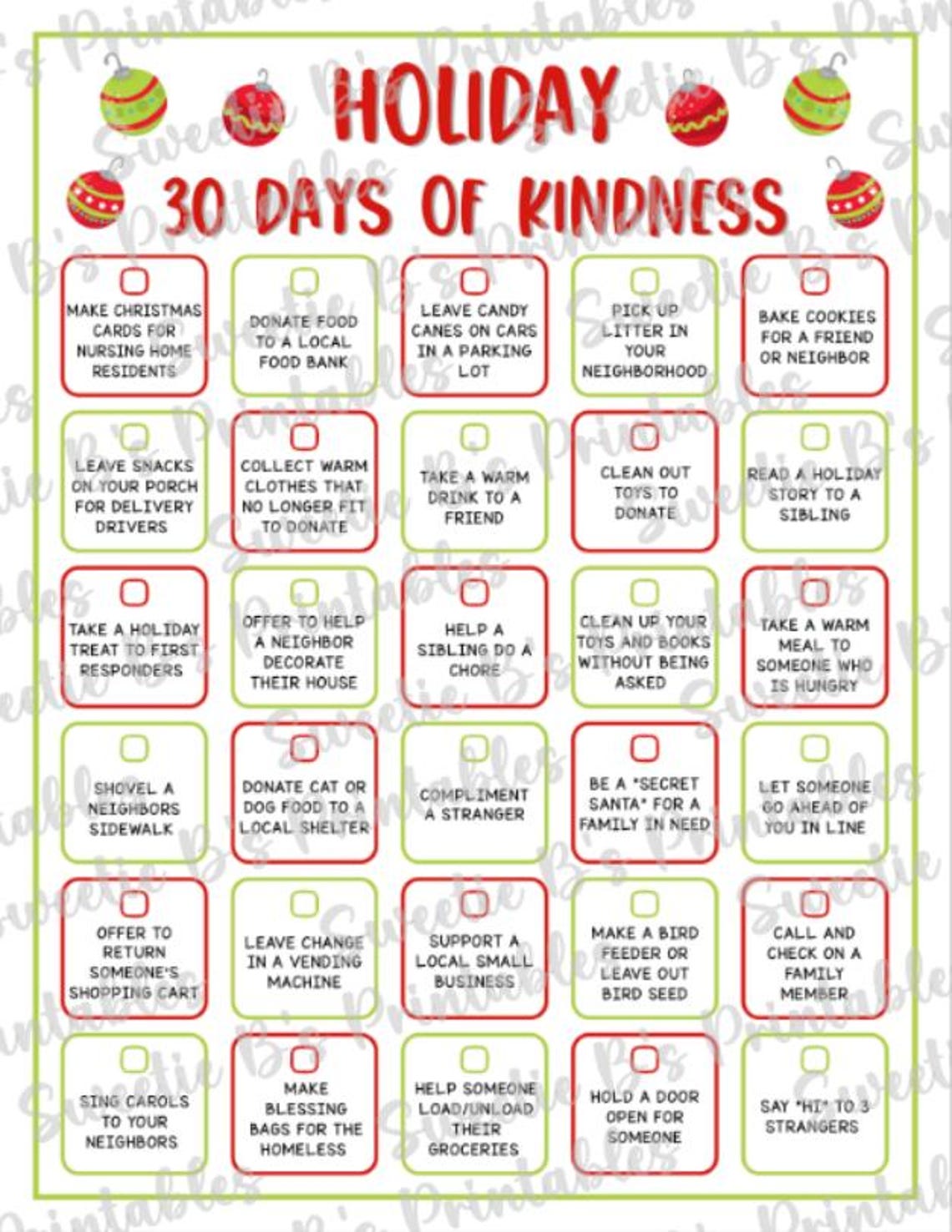 INSTANT DOWNLOAD Christmas 30 Days of Kindness Printable - Holiday Game ...
