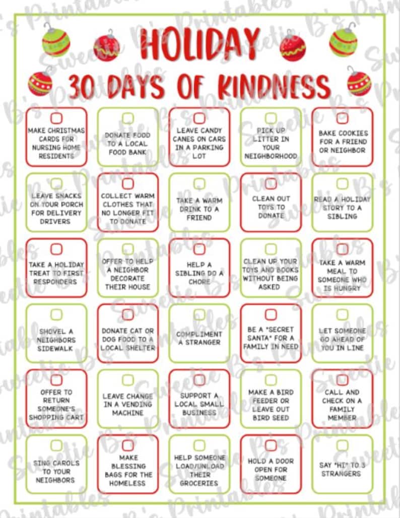 INSTANT DOWNLOAD Christmas 30 Days of Kindness Printable - Holiday Game ...