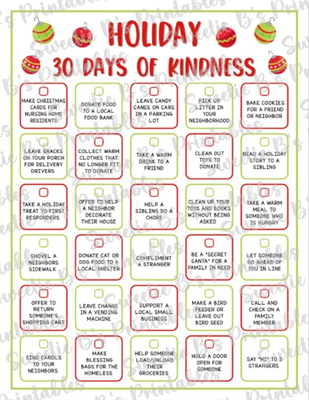 INSTANT DOWNLOAD Christmas 30 Days of Kindness Printable - Holiday Game ...