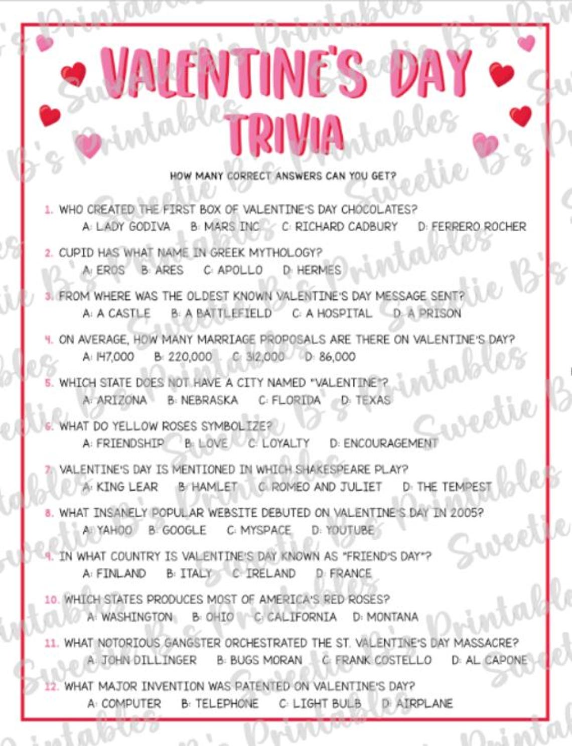 INSTANT DOWNLOAD Valentine's Trivia Game Printable - Holiday Game ...