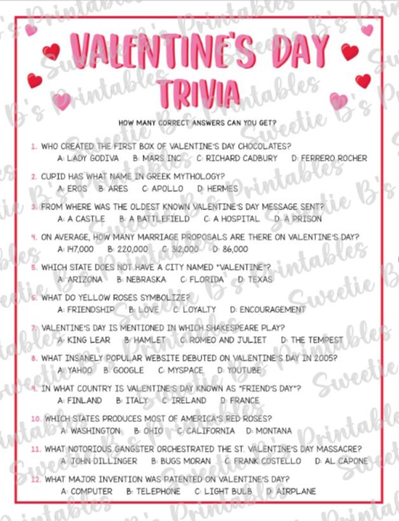 INSTANT DOWNLOAD Valentine's Trivia Game Printable - Holiday Game ...