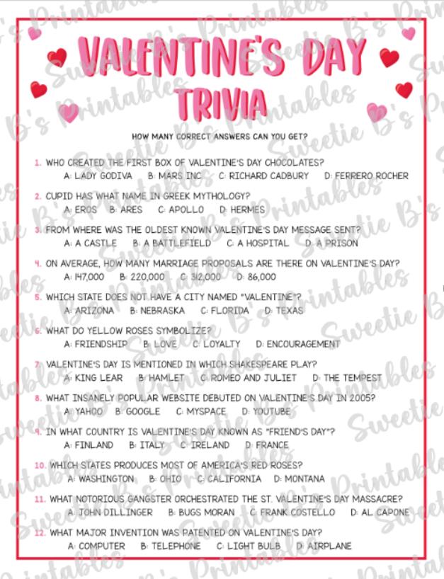 INSTANT DOWNLOAD Valentine's Trivia Game Printable - Holiday Game ...