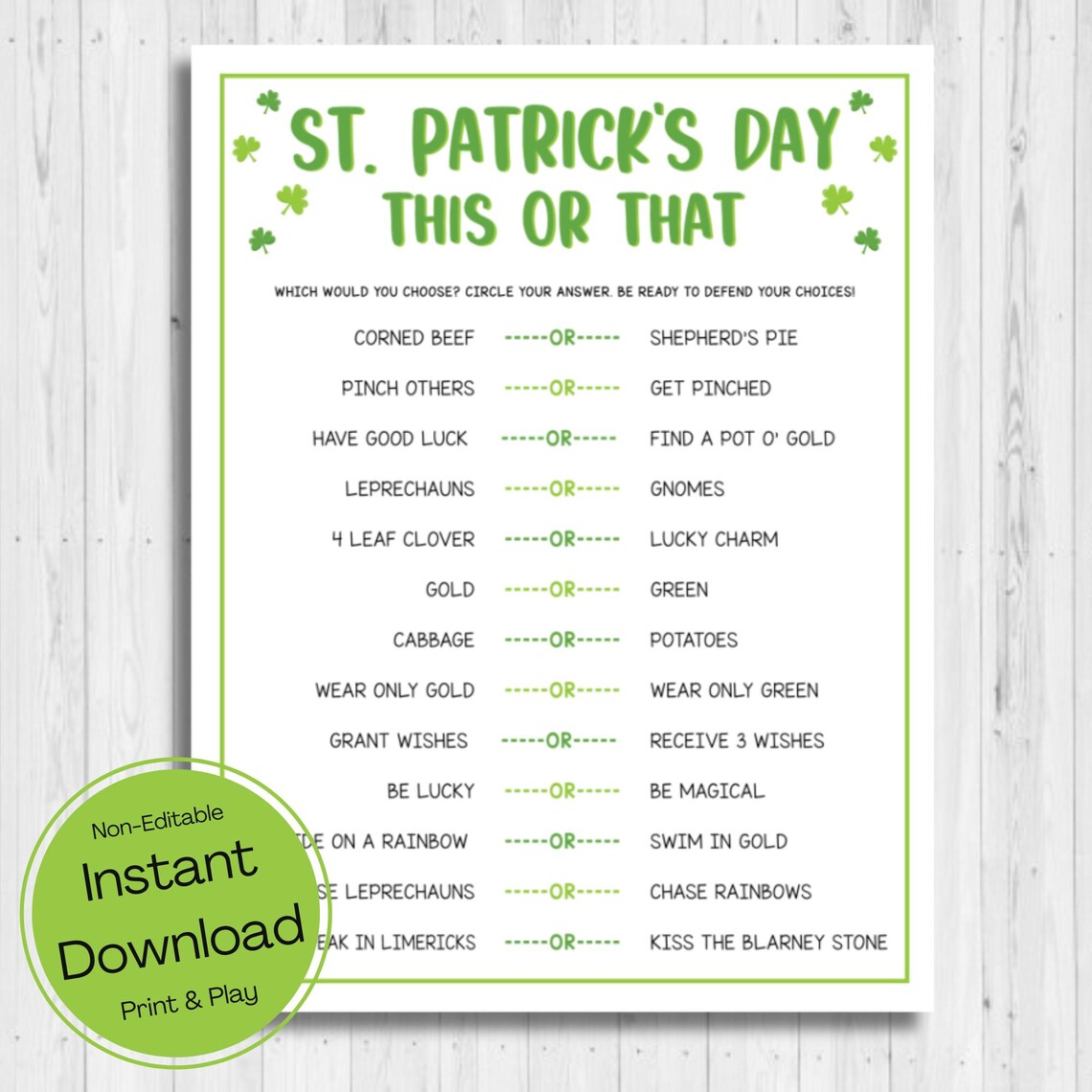 INSTANT DOWNLOAD St Patrick's Day This or That Game Printable - St ...