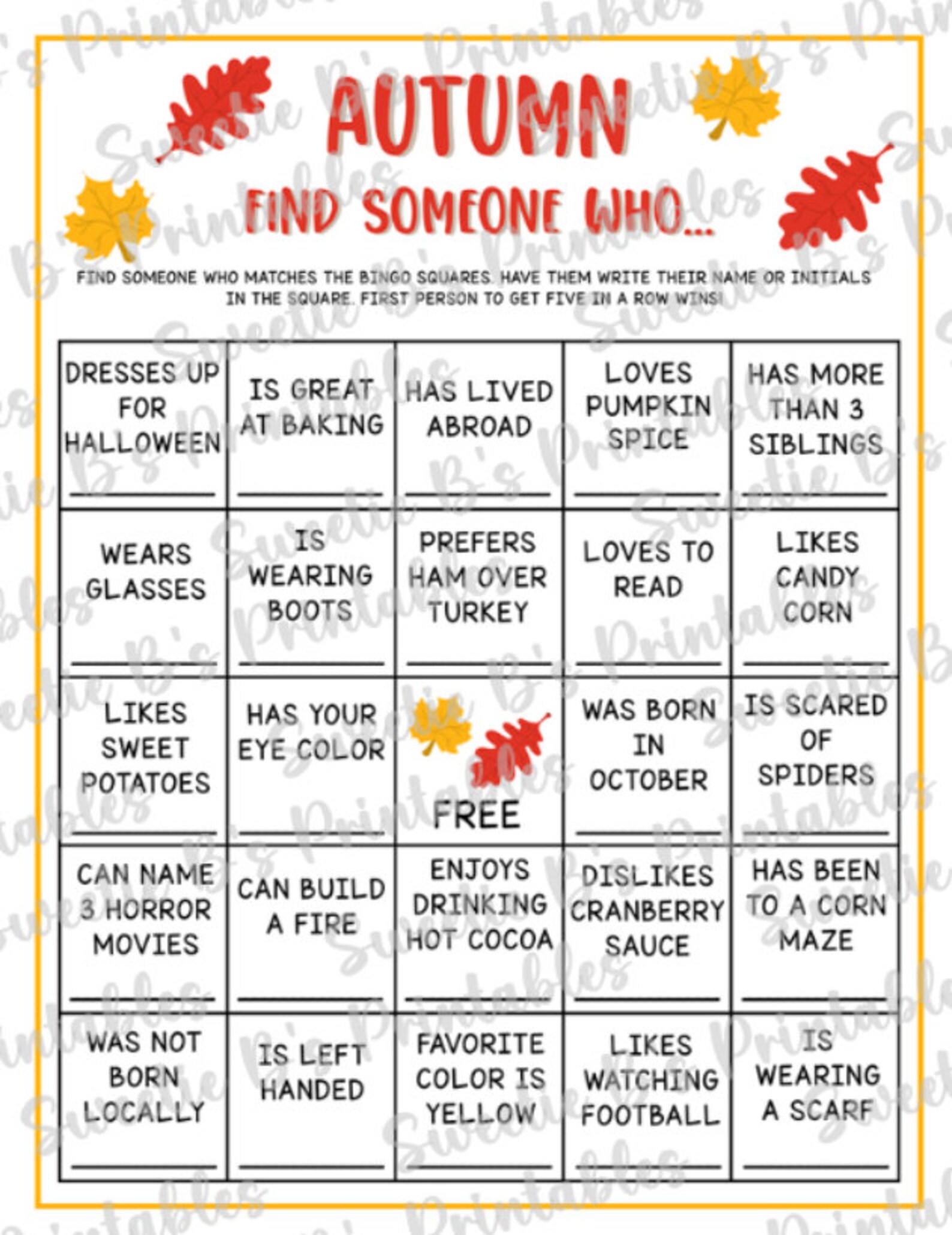 INSTANT DOWNLOAD Autumn Mix and Mingle Bingo Printable - Autumn Game ...