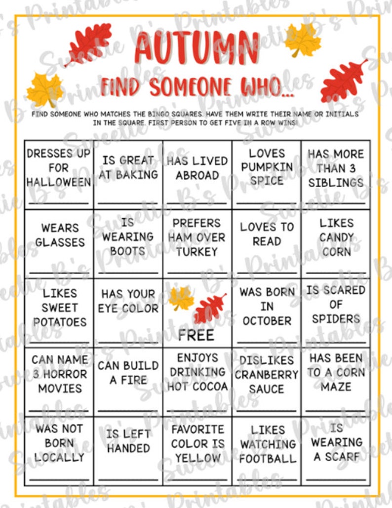 INSTANT DOWNLOAD Autumn Mix and Mingle Bingo Printable - Autumn Game ...