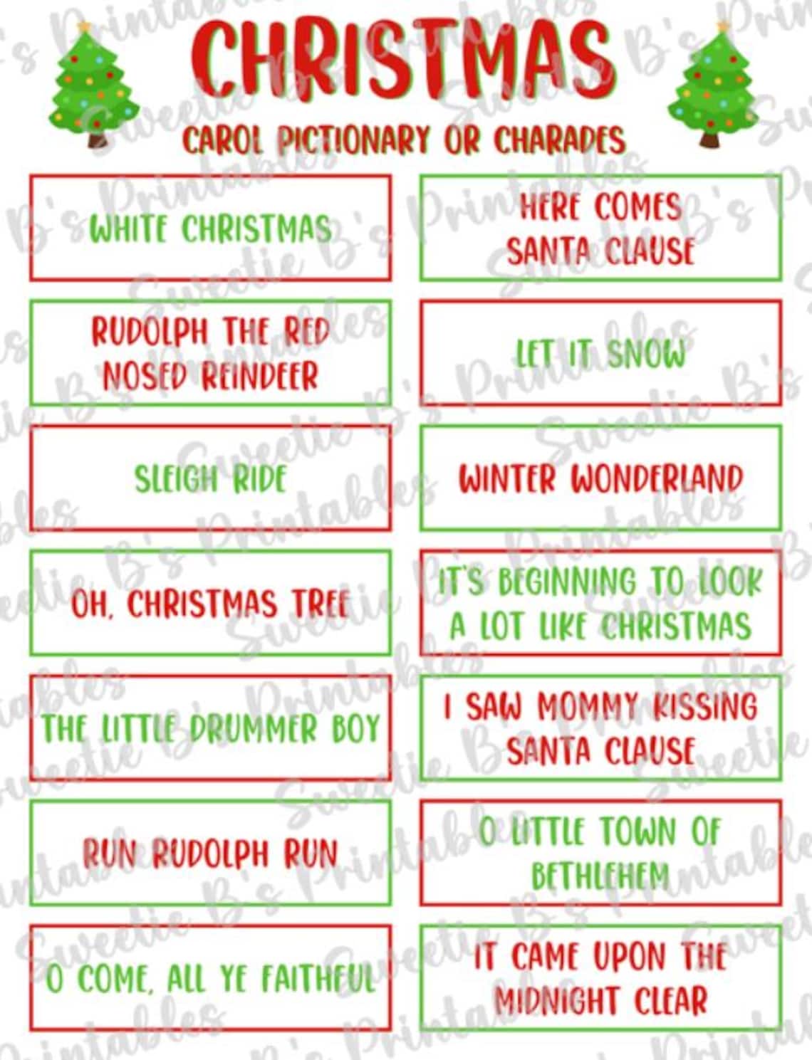 INSTANT DOWNLOAD Christmas Carol Pictionary or Charades Printable ...