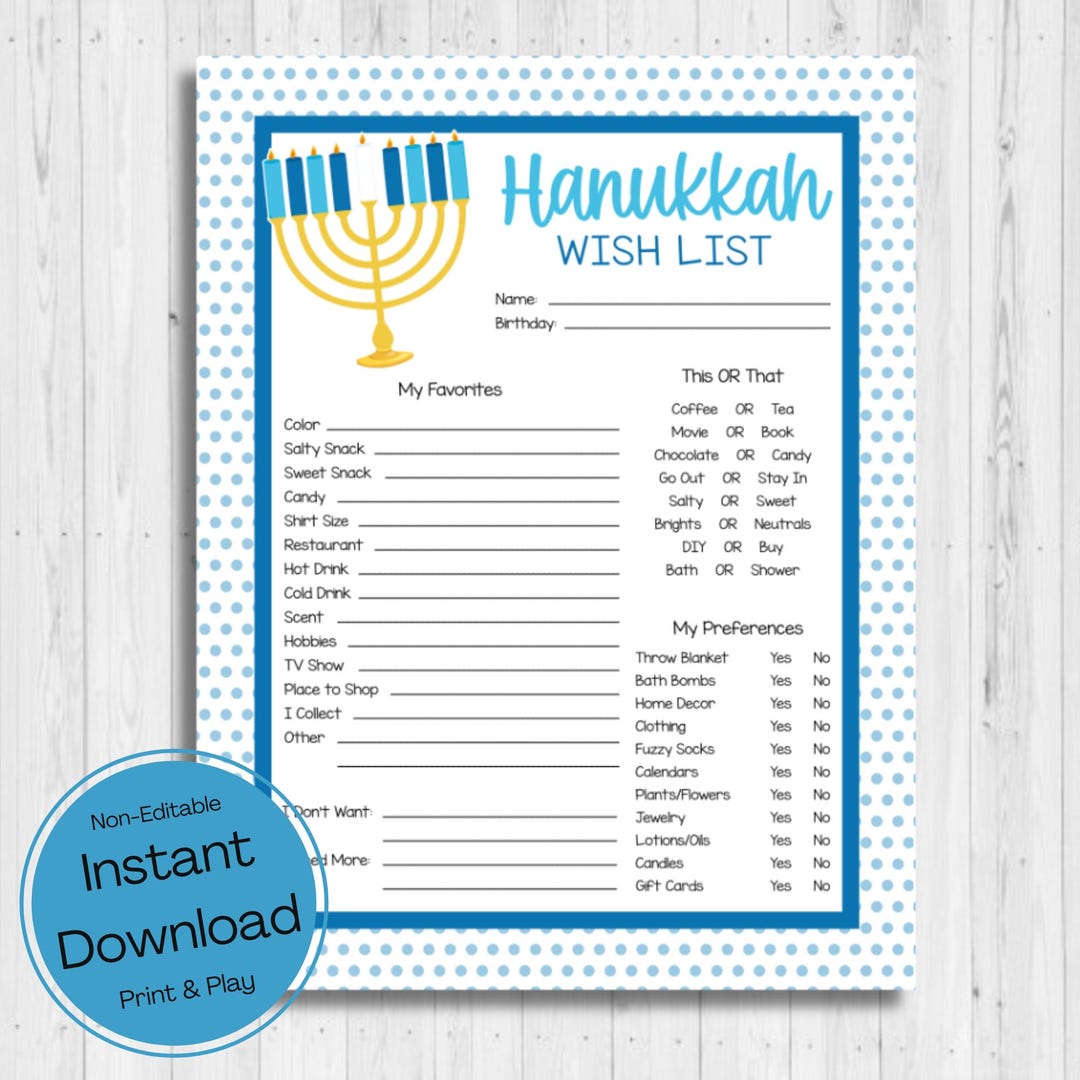 INSTANT DOWNLOAD Hanukkah Wish List Printable - Hanukkah Gift Swap ...
