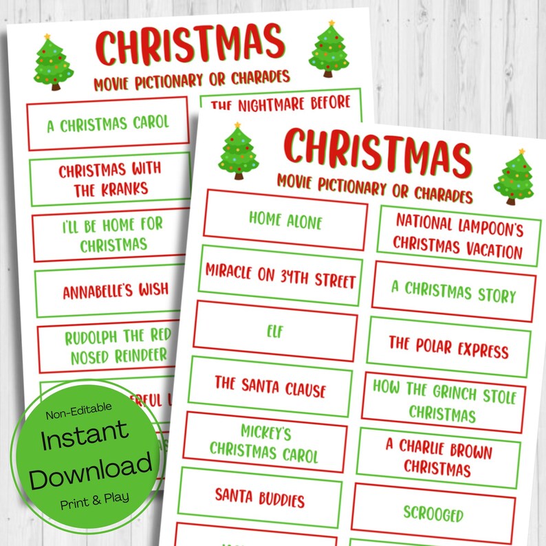 INSTANT DOWNLOAD Christmas Movie Pictionary or Charades Printable ...