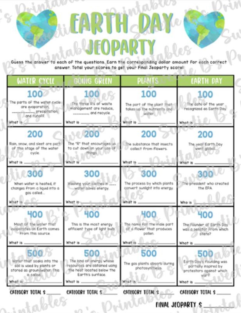 INSTANT DOWNLOAD Earth Day Jeoparty Game Printable - Earth Day Game ...