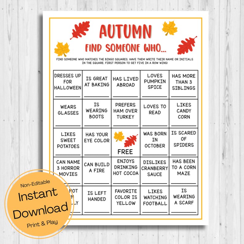 INSTANT DOWNLOAD Autumn Mix and Mingle Bingo Printable - Autumn Game ...