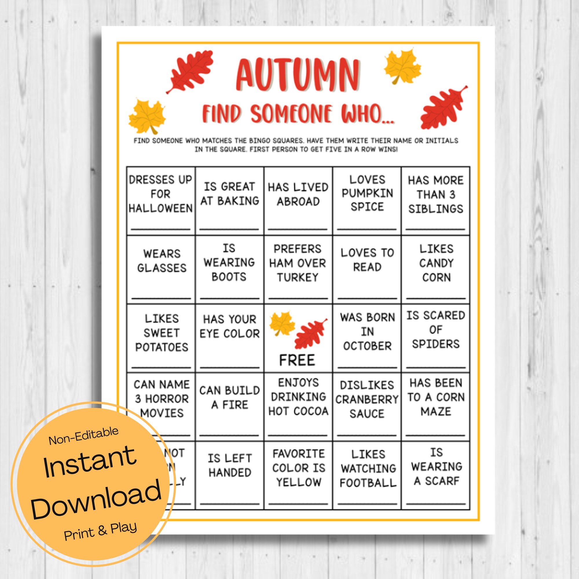 INSTANT DOWNLOAD Autumn Mix and Mingle Bingo Printable - Autumn Game ...