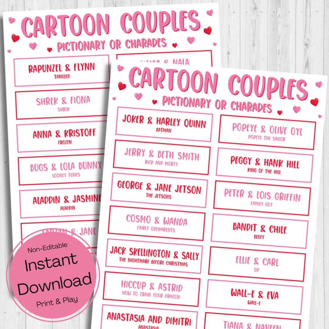 INSTANT DOWNLOAD Cartoon Couples Pictionary or Charades Printable ...