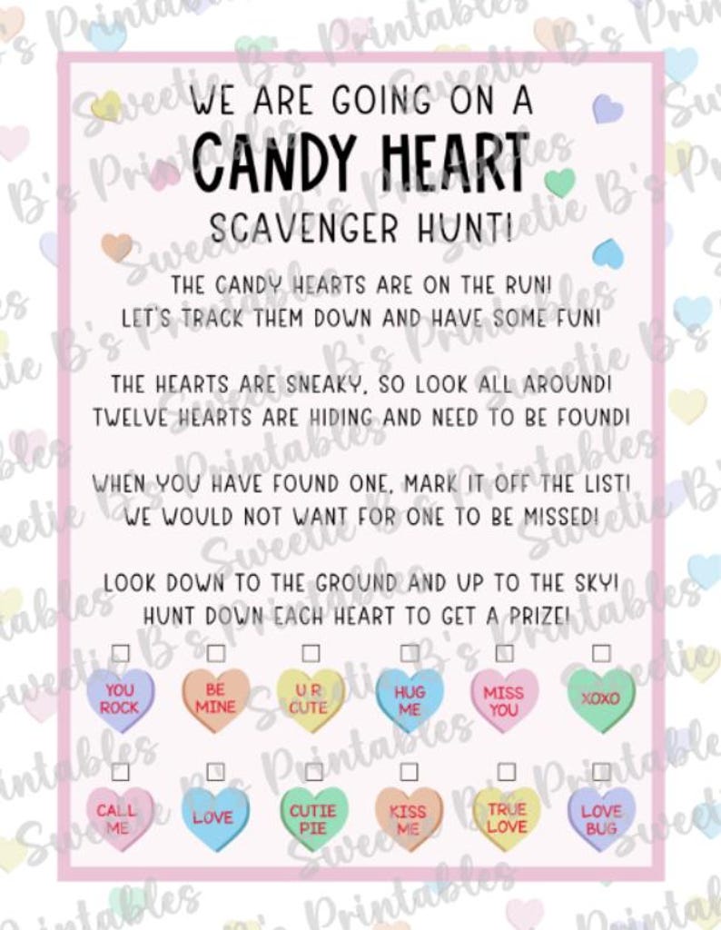 INSTANT DOWNLOAD Valentine's Day Candy Heart Scavenger Hunt Printable ...