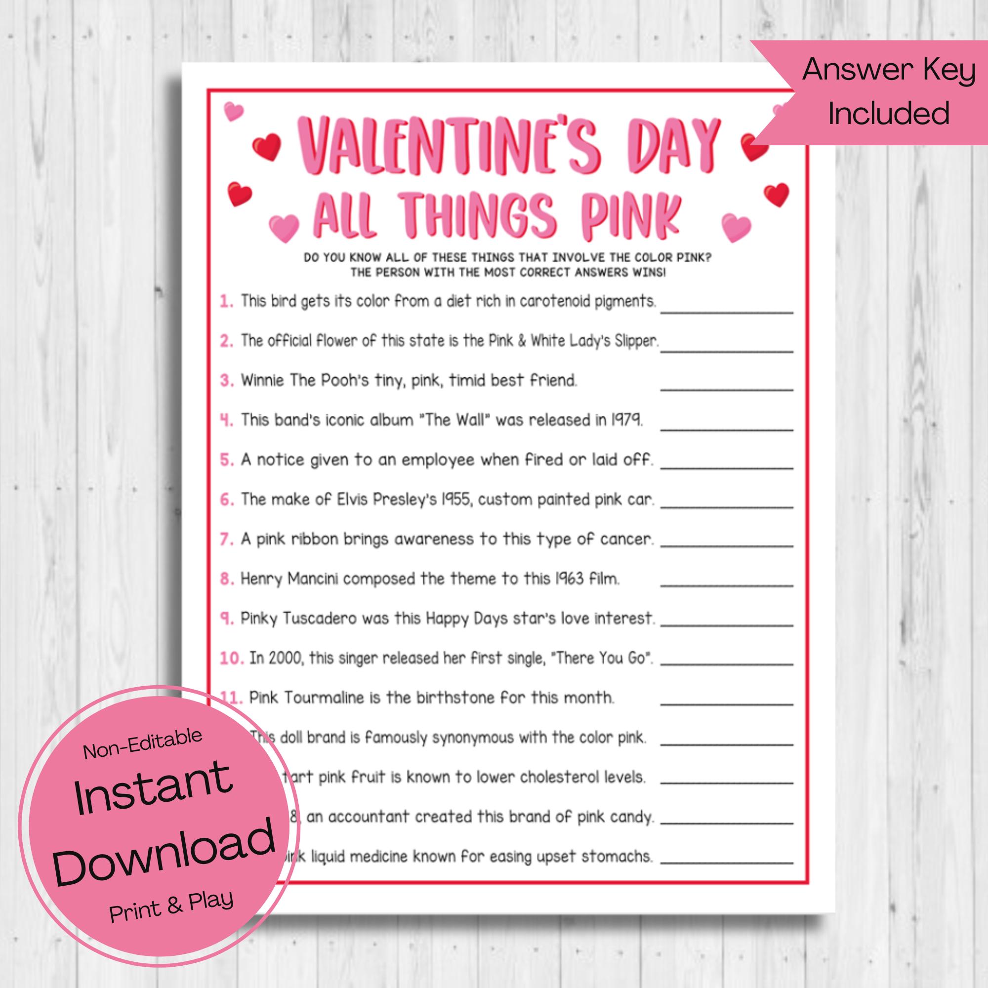 INSTANT DOWNLOAD Valentine's Trivia Game Printable - All Things Pink ...