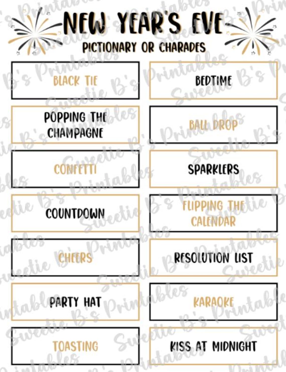 INSTANT DOWNLOAD New Year's Eve Pictionary or Charades Printable - NYE ...