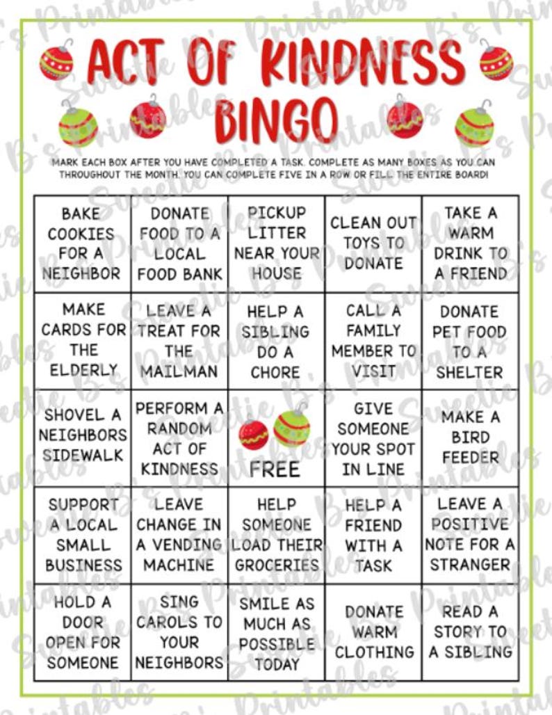 INSTANT DOWNLOAD Christmas Acts of Kindness Bingo Printable - Holiday ...