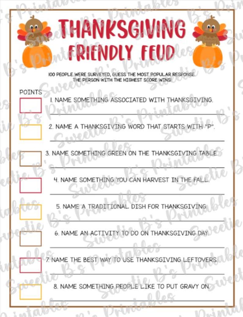 INSTANT DOWNLOAD Thanksgiving Friendly Feud Game Printable - Autumn ...
