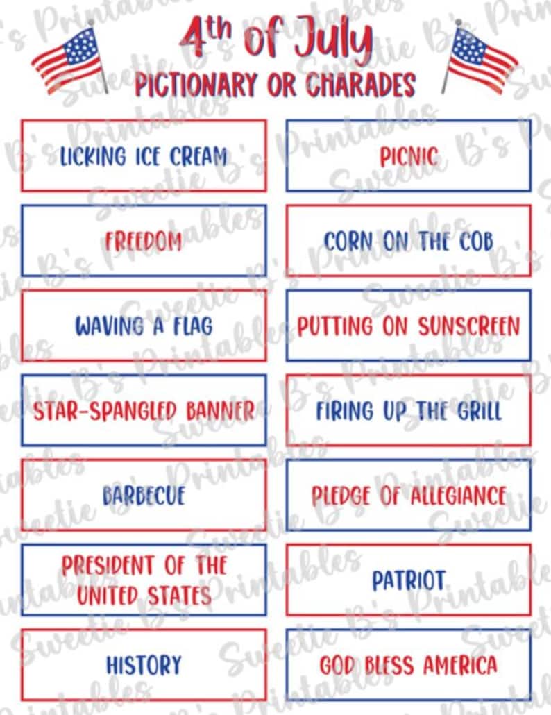 INSTANT DOWNLOAD 4th of July Pictionary or Charades Printable ...