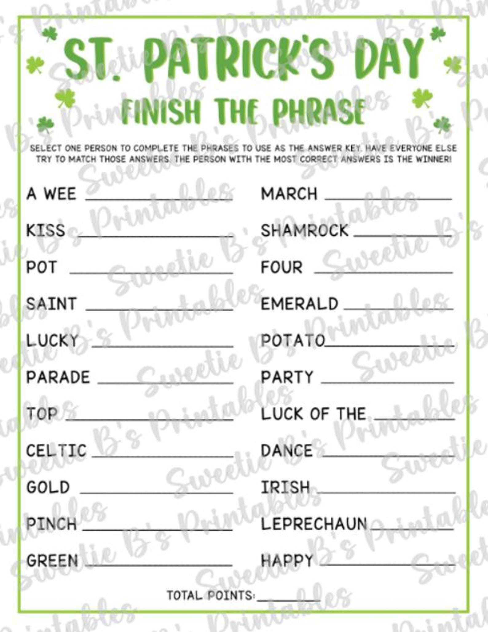INSTANT DOWNLOAD St Patrick's Day Finish the Phrase Game Printable - St ...