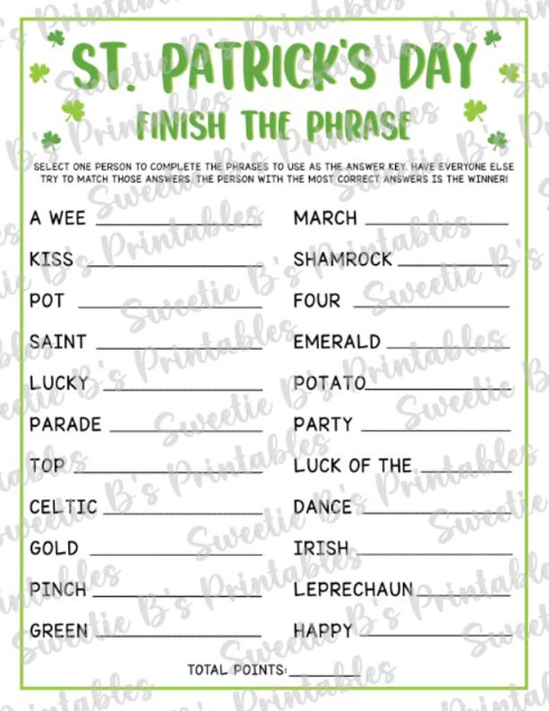 INSTANT DOWNLOAD St Patrick's Day Finish the Phrase Game Printable - St ...