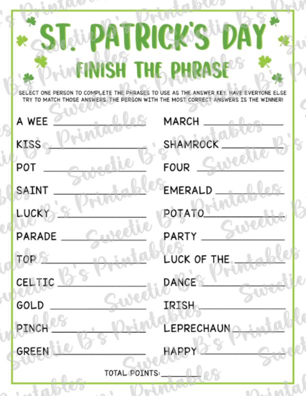 INSTANT DOWNLOAD St Patrick's Day Finish the Phrase Game Printable - St ...