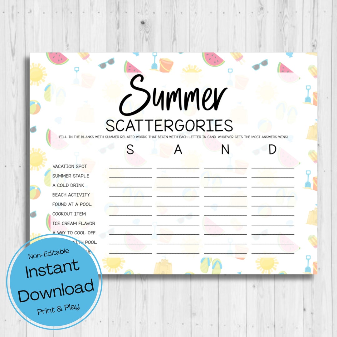 INSTANT DOWNLOAD Summer Scattergories Printable Game - Summer Game ...