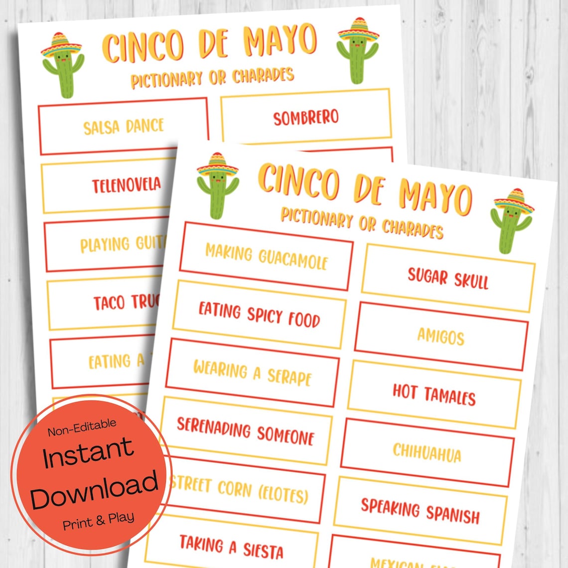 INSTANT DOWNLOAD Cinco De Mayo Pictionary or Charades Printable - Cinco ...