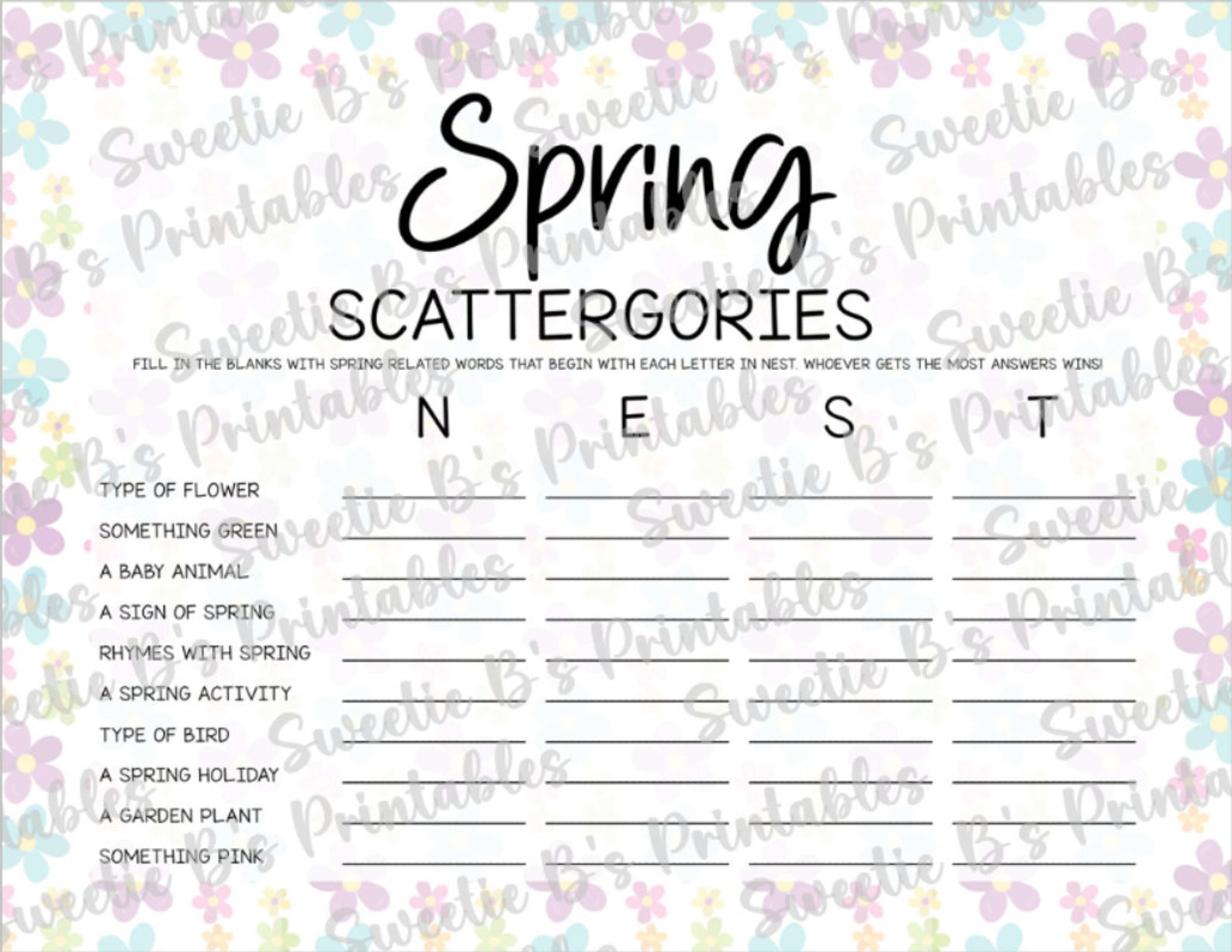 INSTANT DOWNLOAD Spring Scattergories Printable Game Spring Game ...