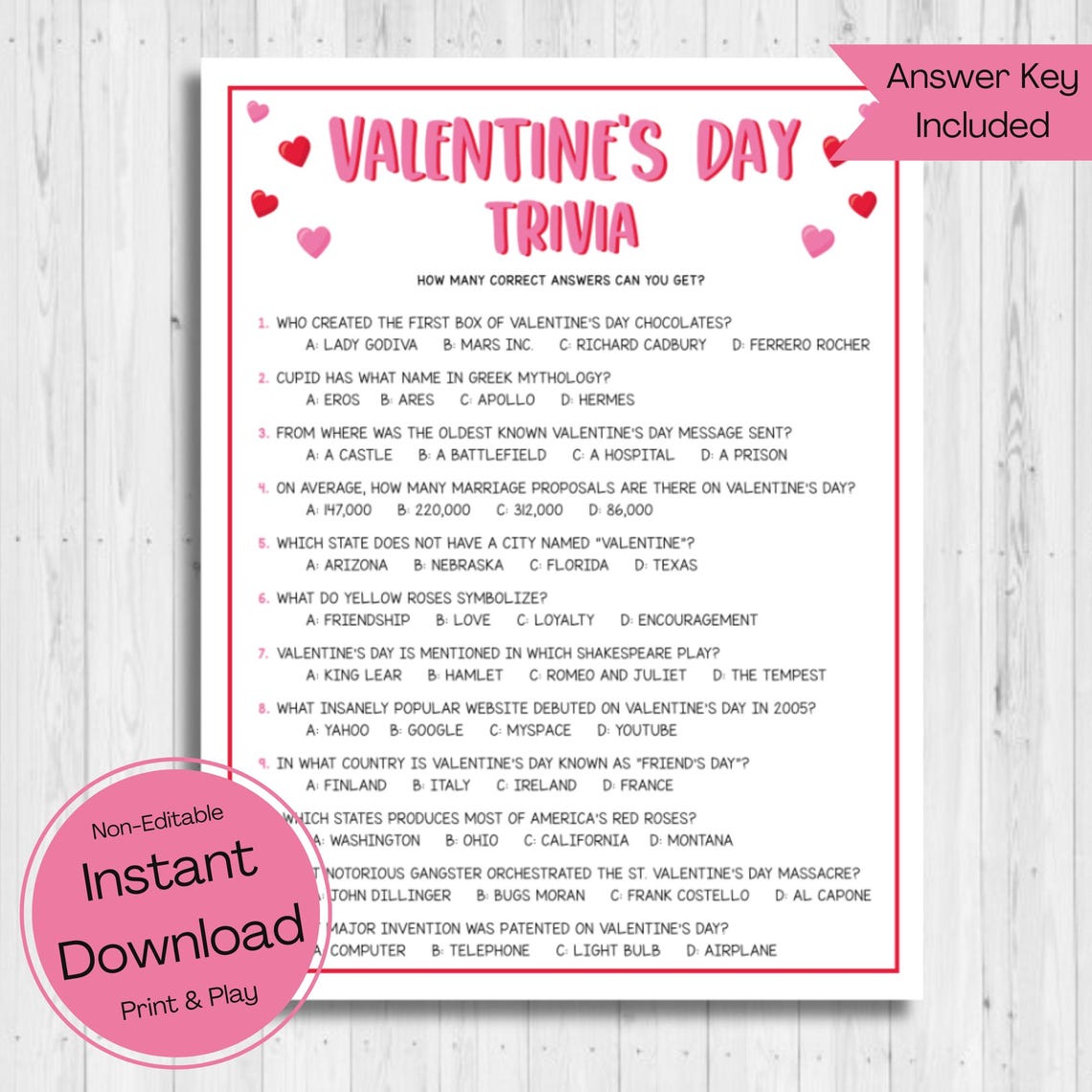 INSTANT DOWNLOAD Valentine's Trivia Game Printable - Holiday Game ...