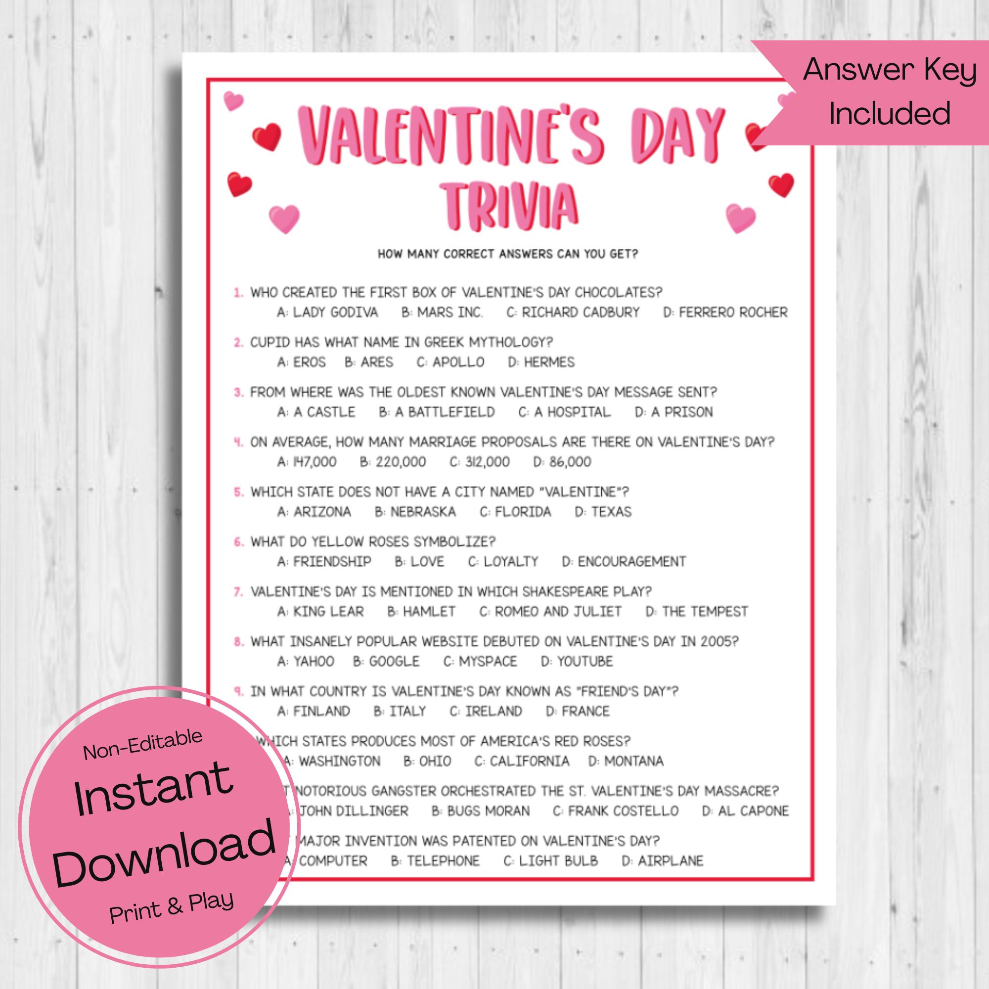 INSTANT DOWNLOAD Valentine's Trivia Game Printable - Holiday Game ...