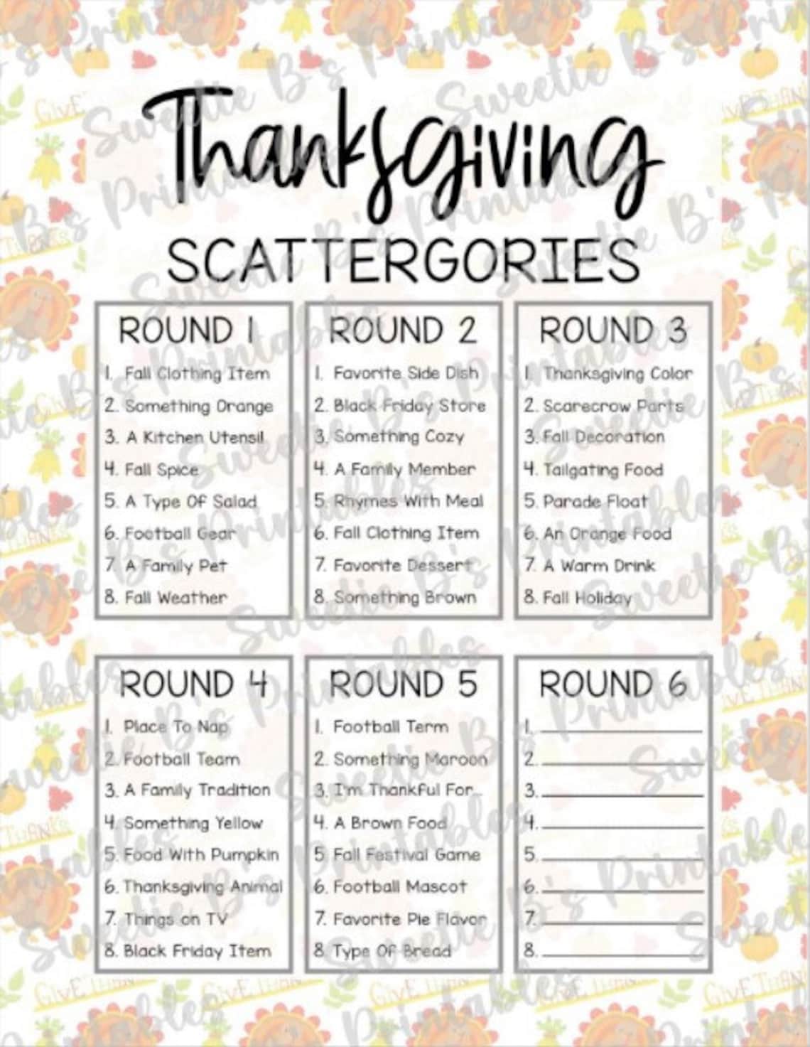 INSTANT DOWNLOAD Thanksgiving Scattergories Printable Game ...