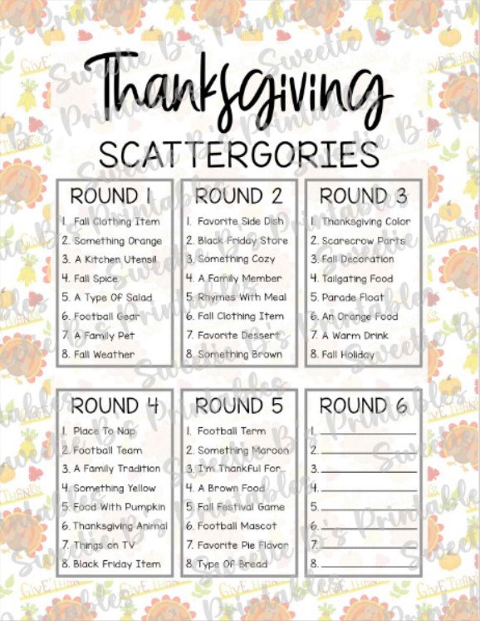 INSTANT DOWNLOAD Thanksgiving Scattergories Printable Game ...